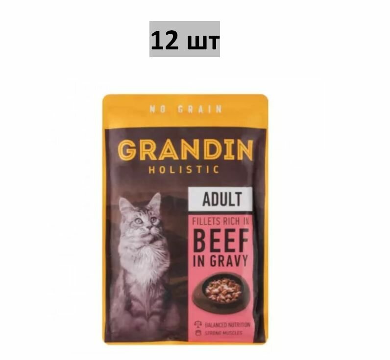 Влажный корм Grandin Adult, для кошек, кусочки с говядиной в соусе, 12шт по 85 гр.