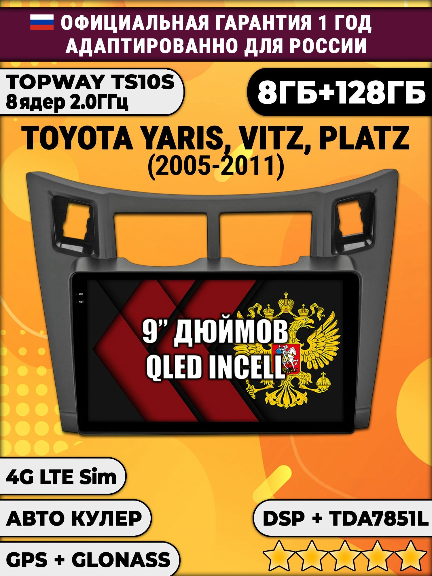 8 ядер TS105, память 8/128гб для TOYOTA YARIS VITZ PLATZ - (2005-2011), Android магнитола, рамка черная матовая