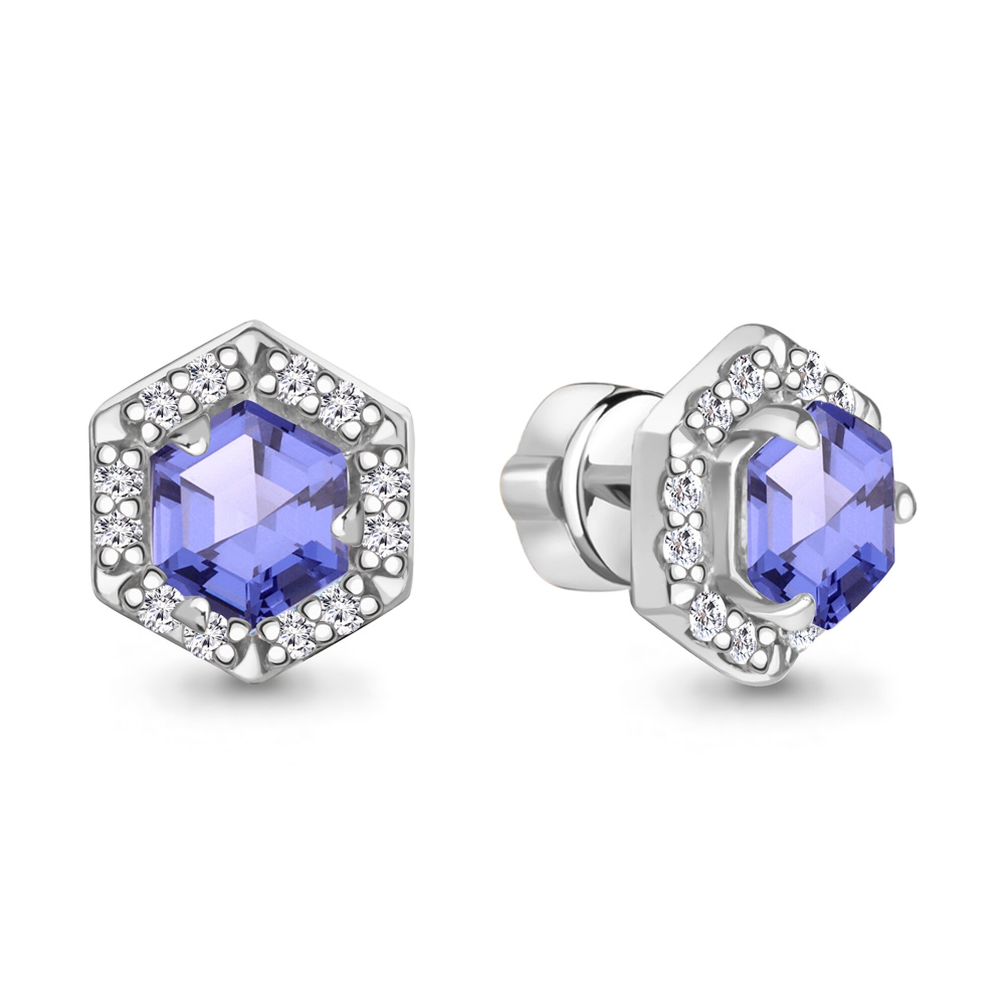 Серьги пусеты, серебро, 925 проба, родирование, танзанит, фианит