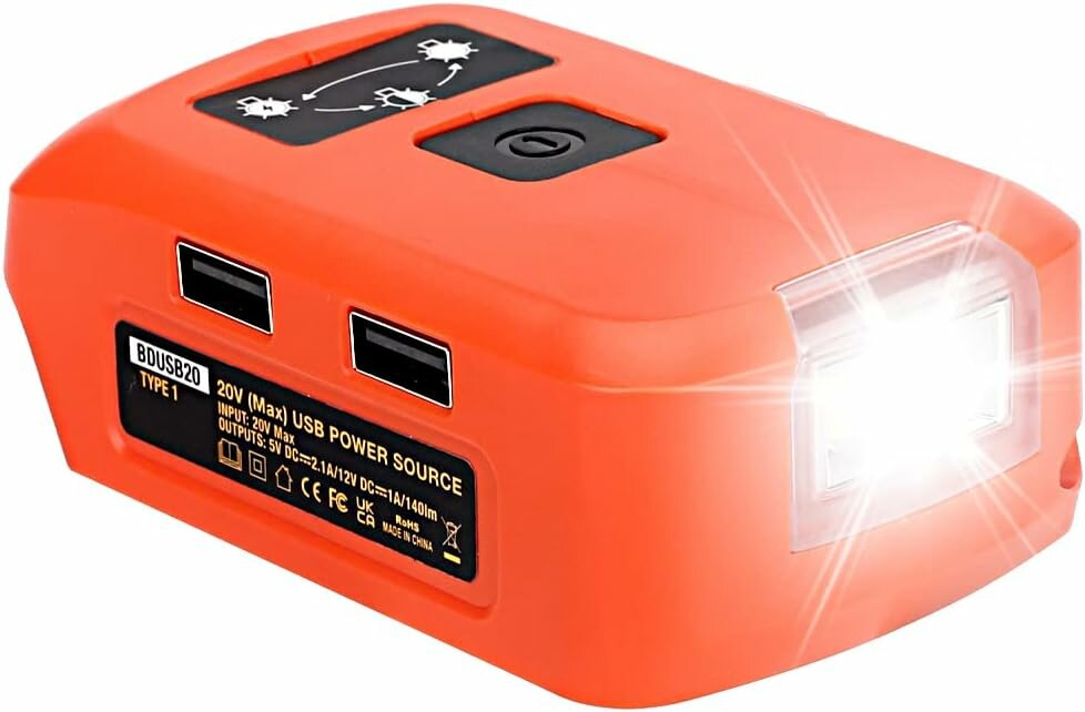 Адаптер зарядного устройства для Black & Decker 20v литий-ионный аккумулятор с 3W 140LM светодиодный свет, 2 USB порта, 12 В DC порт фонарик работа свет открытый кемпинг огни