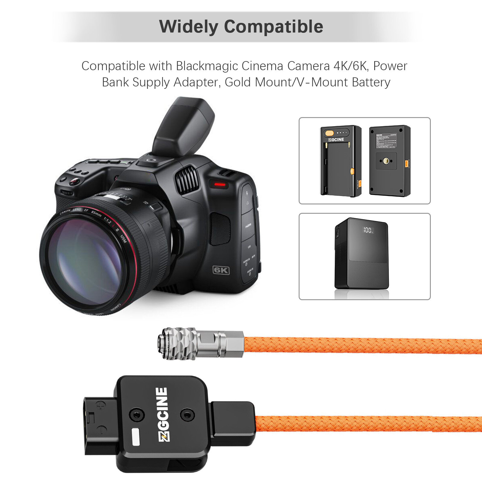 Кабель питания ZGCINE DT-BMD D-Tap to 2-Pin BMPCC, длина 60 см, поворот на 180°, с плетеным проводом, совместим с камерой Blackmagic Pocket Cinema, аккумулятором 4K/6K V-mount