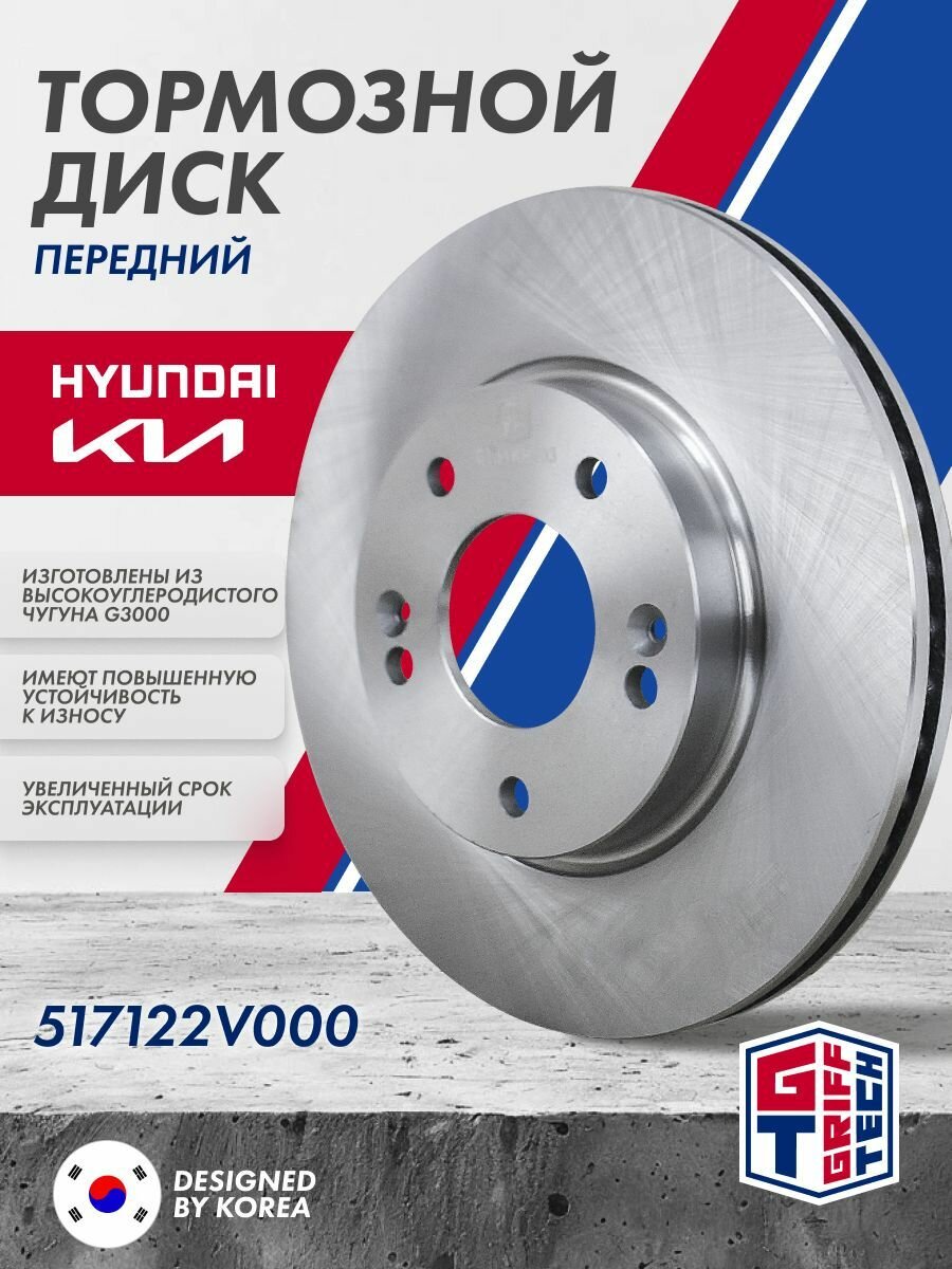 Тормозной диск передний GRIFF TECH 1 шт Корея для Хендай Крета / Элантра / Киа Серато / К3 / 517122V000