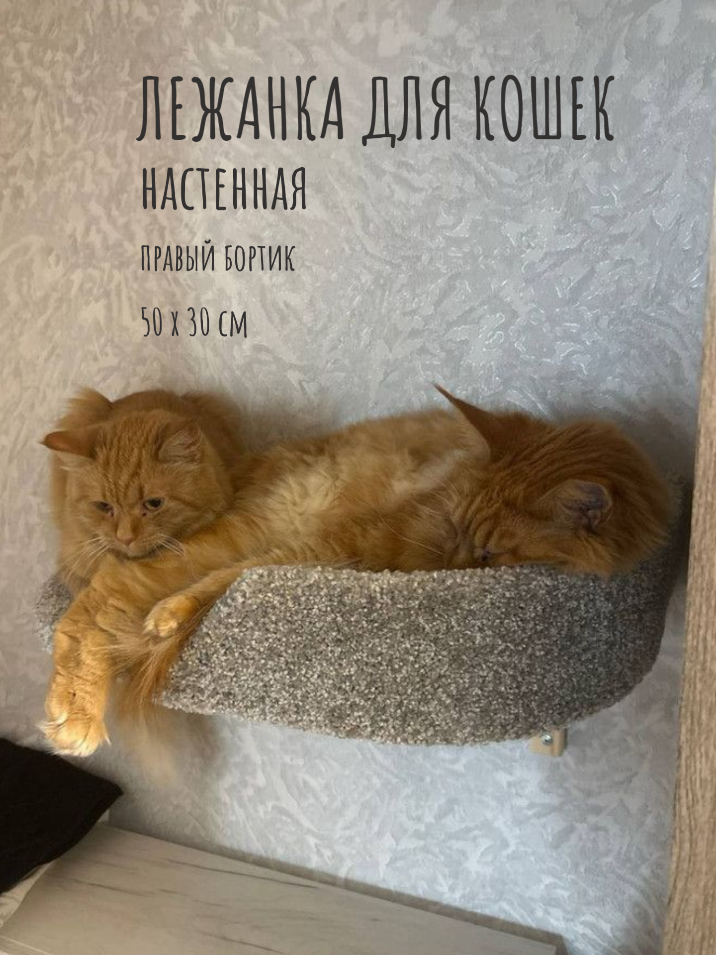 Лежанка для кошек, Моя Котя, настенная с бортиком, правосторонняя, цвет светло-серый, ковролин