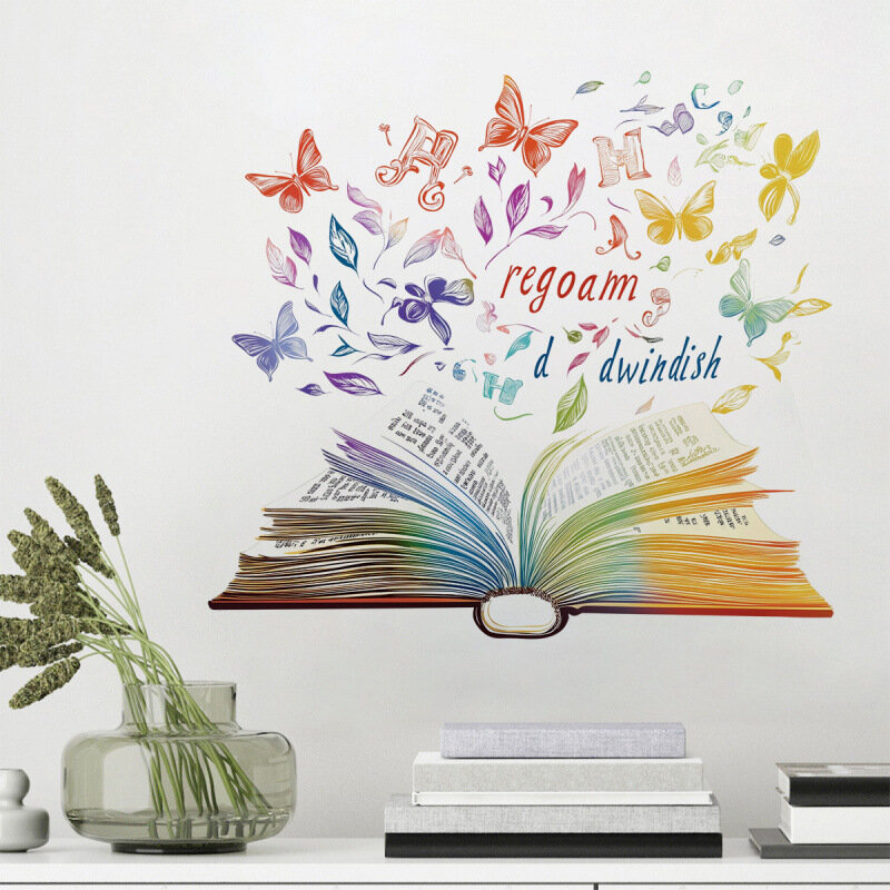 Красочные настенные наклейки в виде книги с радужными буквами, обои с бабочками и листьями, самоклеящиеся съемные наклейки для декора детской комнаты, яслей, класса, кабинета, гостиной, ПВХ 35x29,5 см