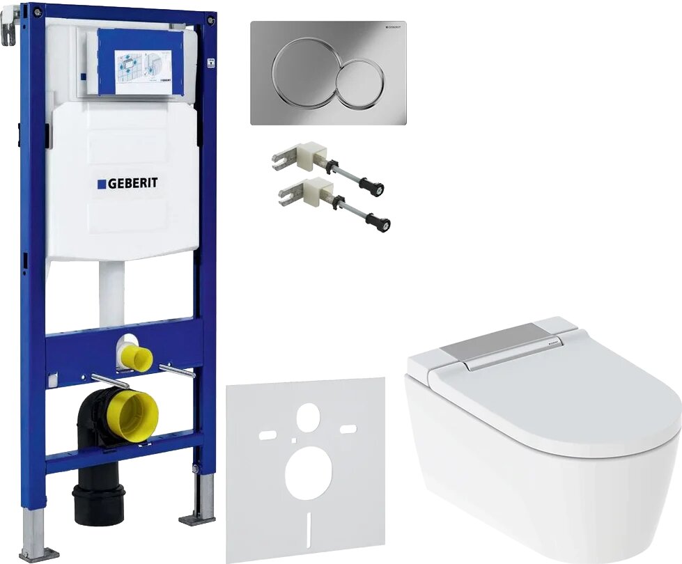 Комплект Унитаз подвесной Geberit AquaClean Sela вставка глянцевый хром / Крепления к стене / Шумоизоляция, Инсталляция UP 320 111.300.00.5, Кнопка Sigma черная
