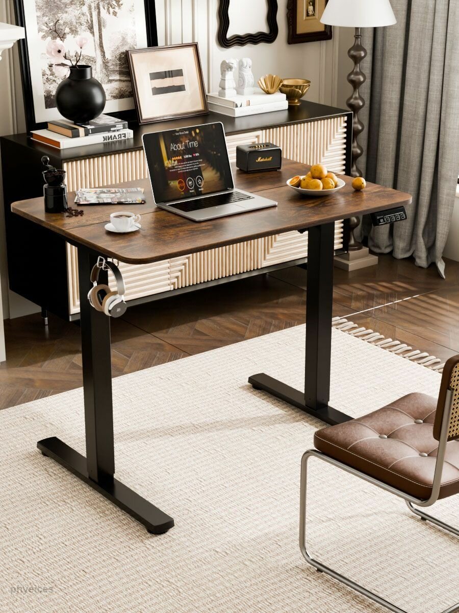 Одинарный регулируемый по высоте компьютерный стол с подъемным механизмом, 90*60 см, коричневый