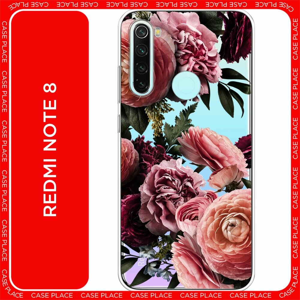 Чехол на Xiaomi Redmi Note 8 / Сяоми Редми Нот 8 с принтом "Бордовые винтажные цветы", прозрачный