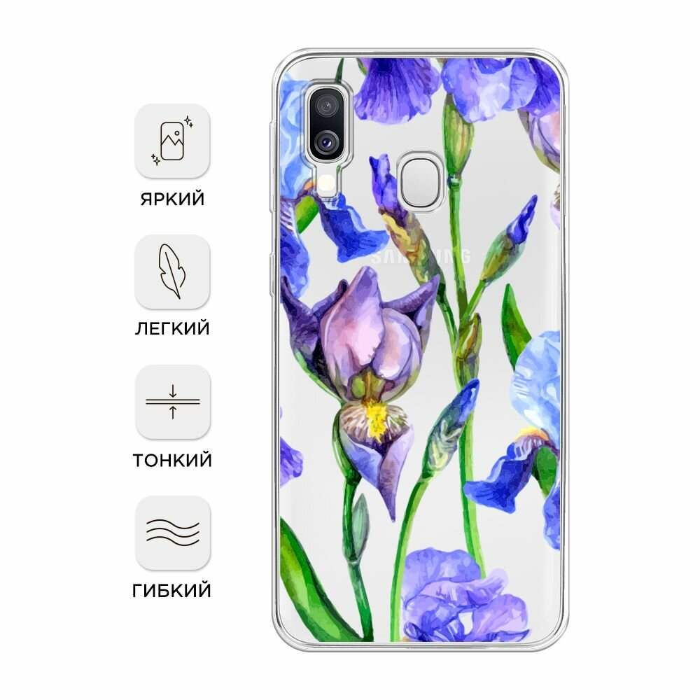 Чехол на Samsung Galaxy A40 / Самсунг Галакси А40 с принтом "Синие ирисы", прозрачный — фото 1