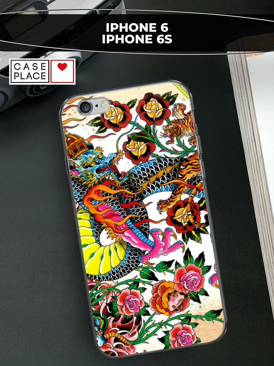 Чехол на Apple iPhone 6 / Айфон 6 с принтом "Дракон в цветах"