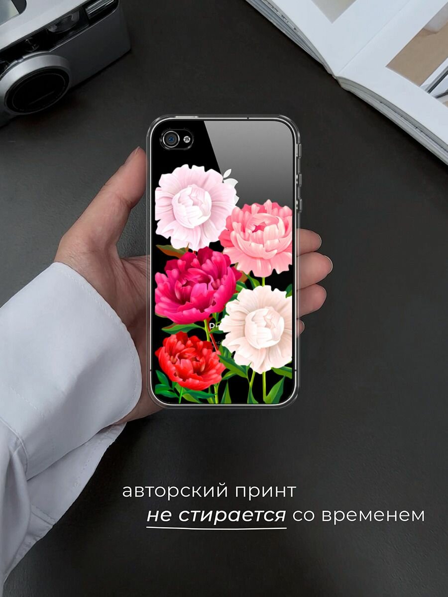 Чехол на Apple iPhone 4/4S / Айфон 4/4S с принтом "Большие пионы", прозрачный — фото 1