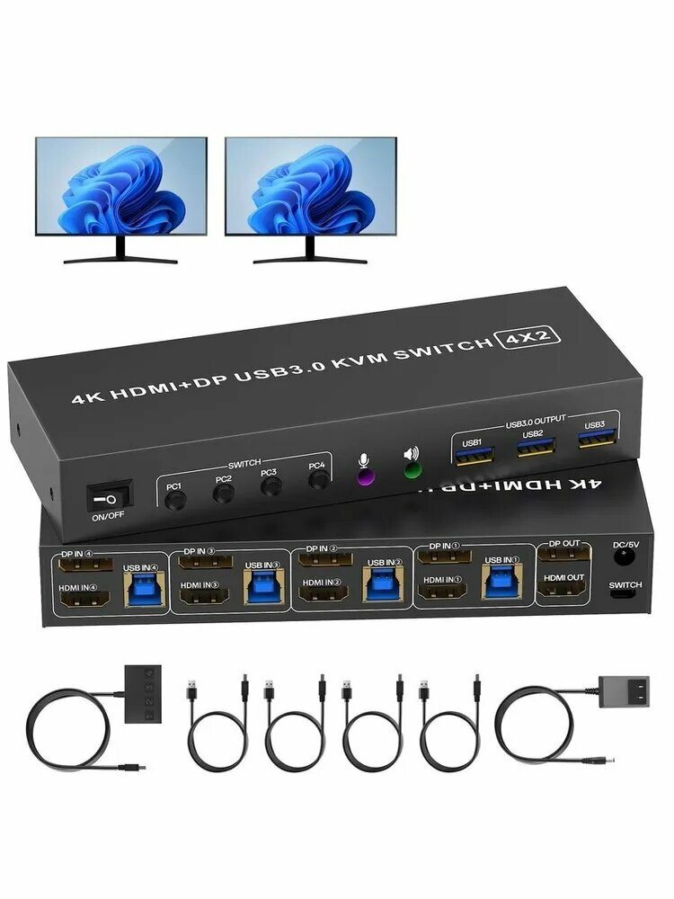 Переключатель KVM Switch (4PC, HDMI + DP 4K@60Hz, 3xUSB 3.0, remote control, power adapter)