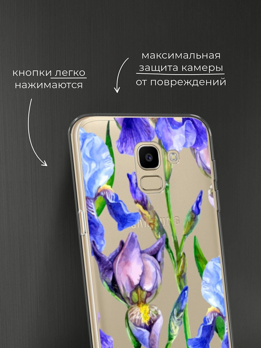 Чехол на Samsung Galaxy J6 2018 / Самсунг Галакси Джей 6 2018 с принтом "Синие ирисы", прозрачный — фото 1