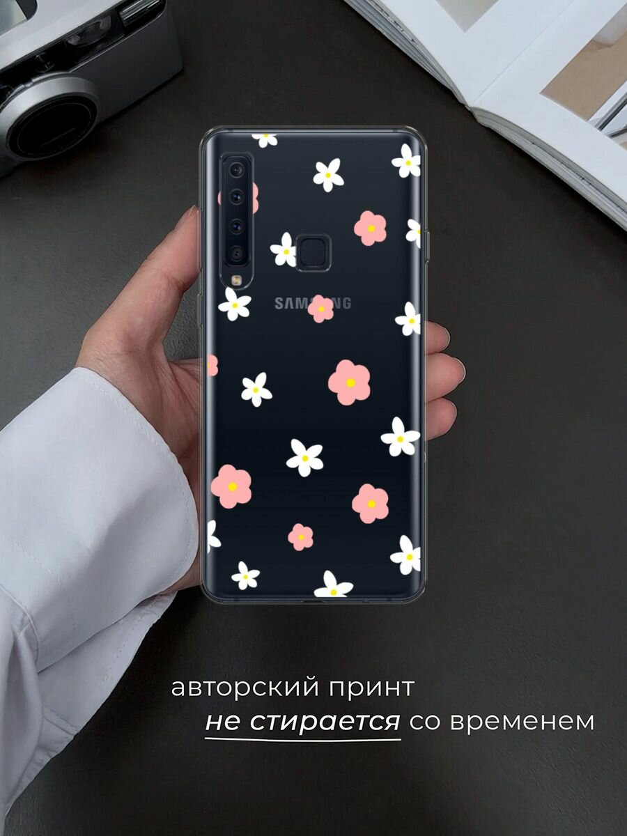 Чехол на Samsung Galaxy A9 2018 / Самсунг Галакси А9 2018 с принтом "Розовые и белые цветы", прозрачный — фото 1