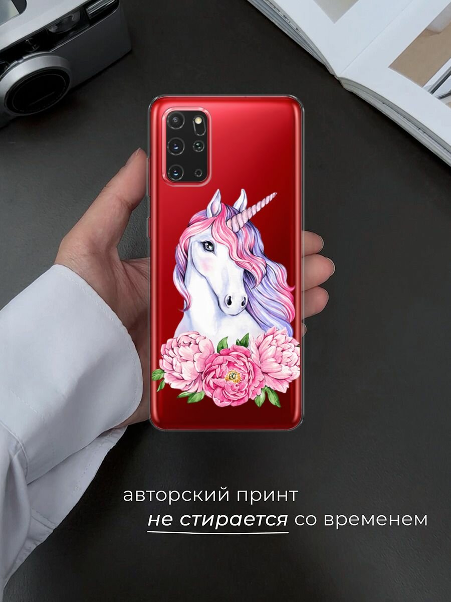 Чехол на Samsung Galaxy S20 + / Самсунг Галакси S20 Плюс с принтом "Единорог с пионами", прозрачный — фото 1