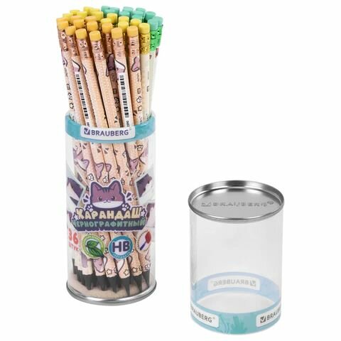 72 шт. Карандаш чернографитный с принтом кросс-серия милые коты, 1 шт, HB, ластик, ассорти, BRAUBERG, 182107