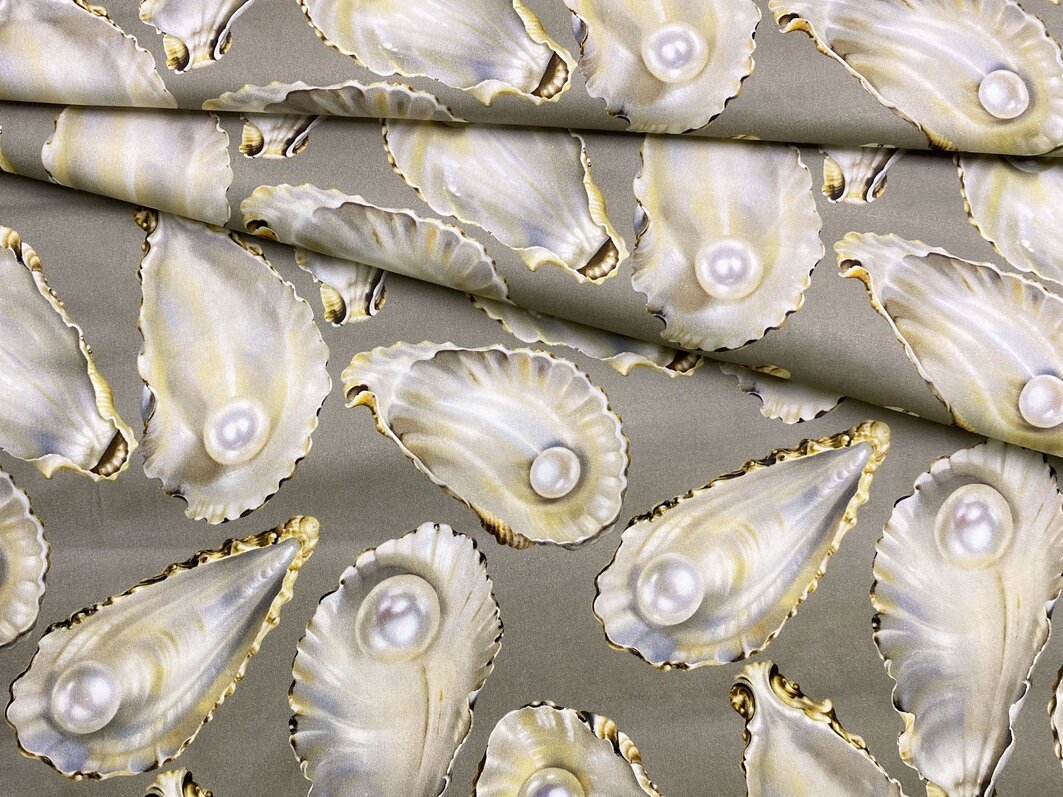 Ткань Хлопок серо-оливкового цвета с принтом ракушки с жемчугом 14428
