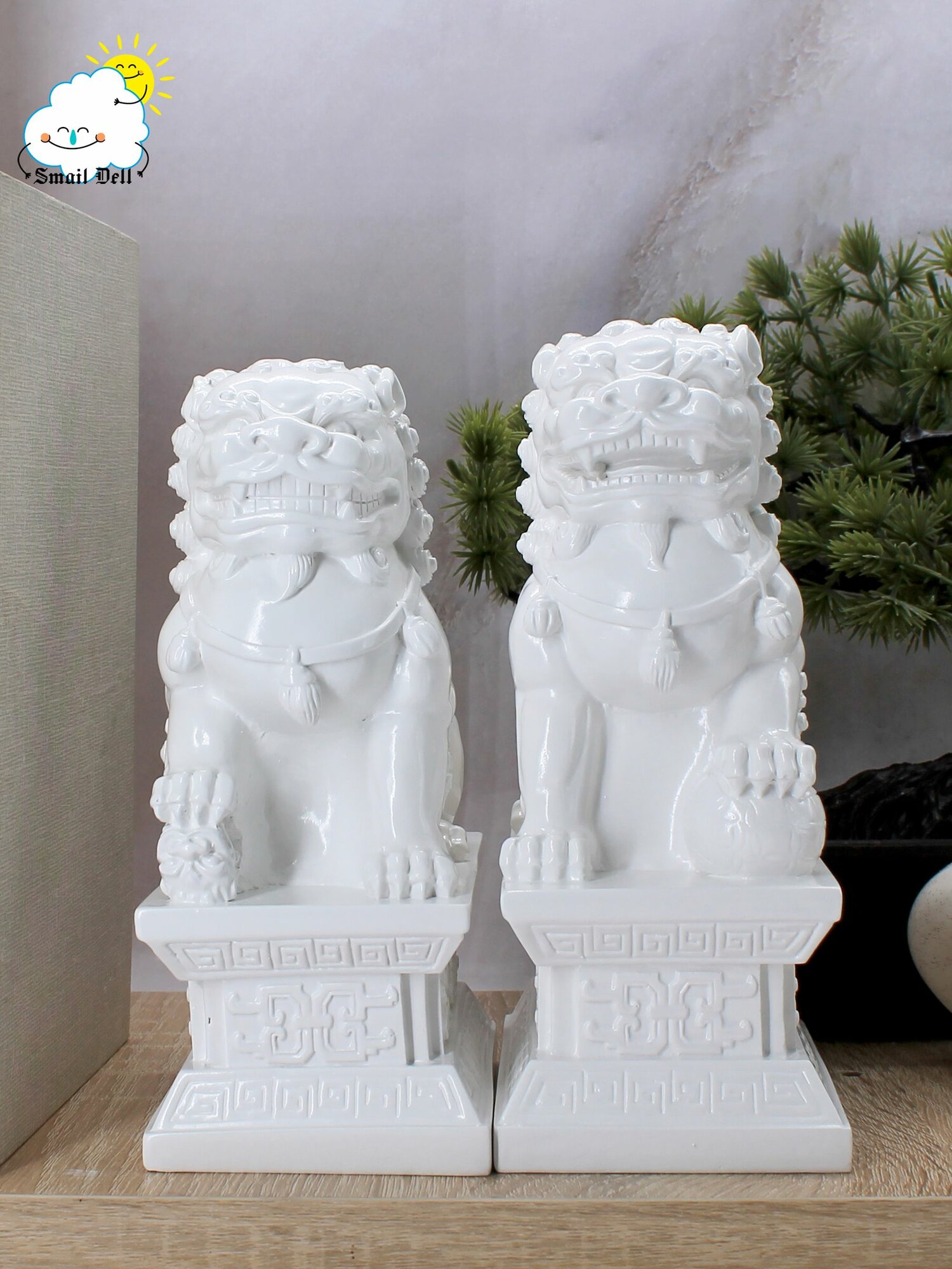 Статуэтка Собаки Фу (Китайский лев) пара , 17 см , гипс, цвет белый глянцевый