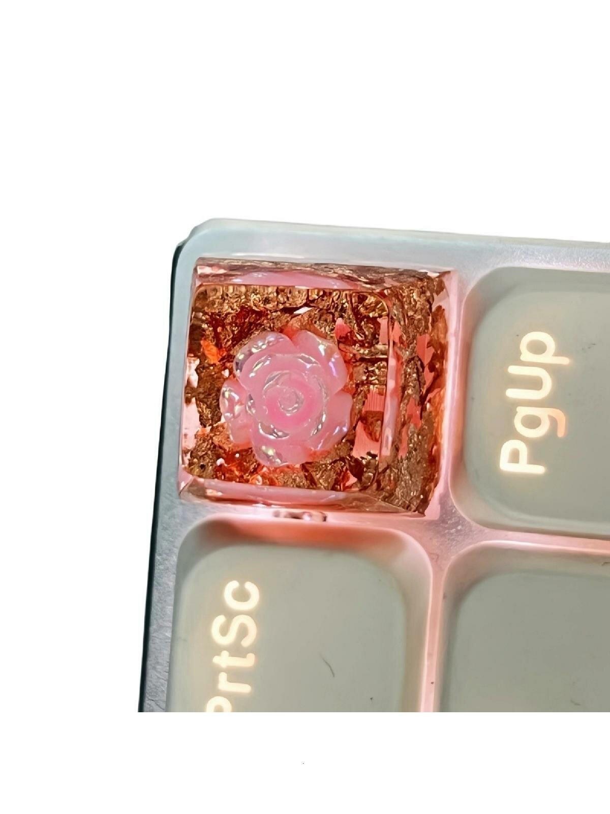 1 Механическая клавиатура из смолы, изготовленная вручную, с прозрачными клавишами с подсветкой и 3D-рисунком камелии — розовый цвет «Pink Blossom Rose Gold»