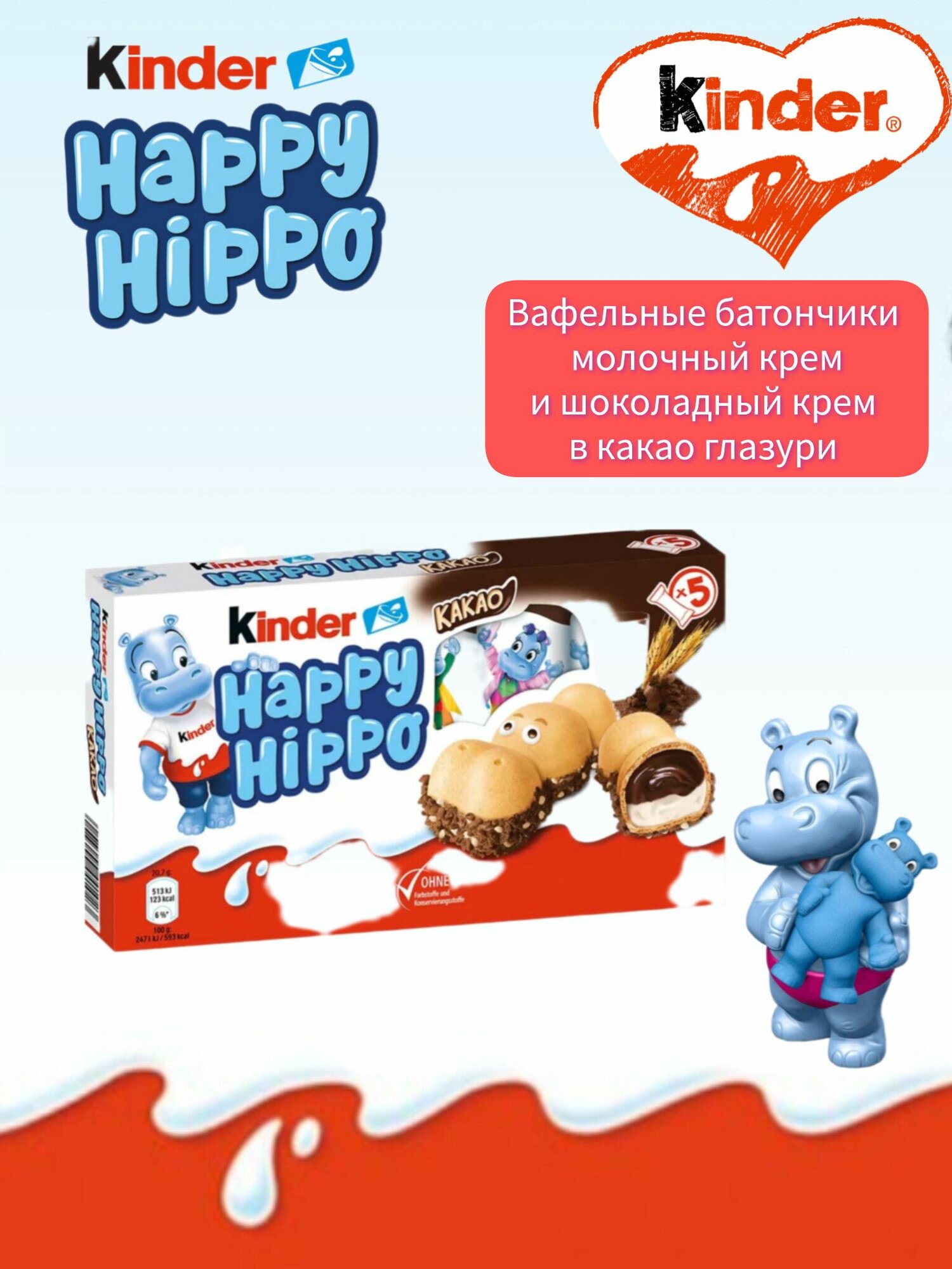 Батончики Kinder Happy Hippo / Киндер Хеппи Хиппо вкус какао