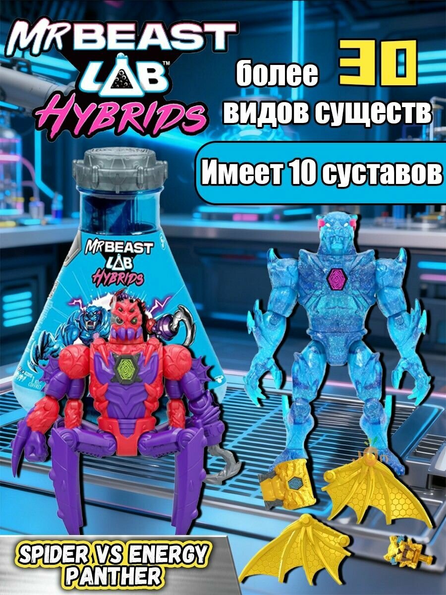 MrBeast Lab Hybrids 2 Pack - Spider vs Energy Panther / детские игрушки, Звериная лаборатория, включающая две фигурки и аксессуары, для сборки