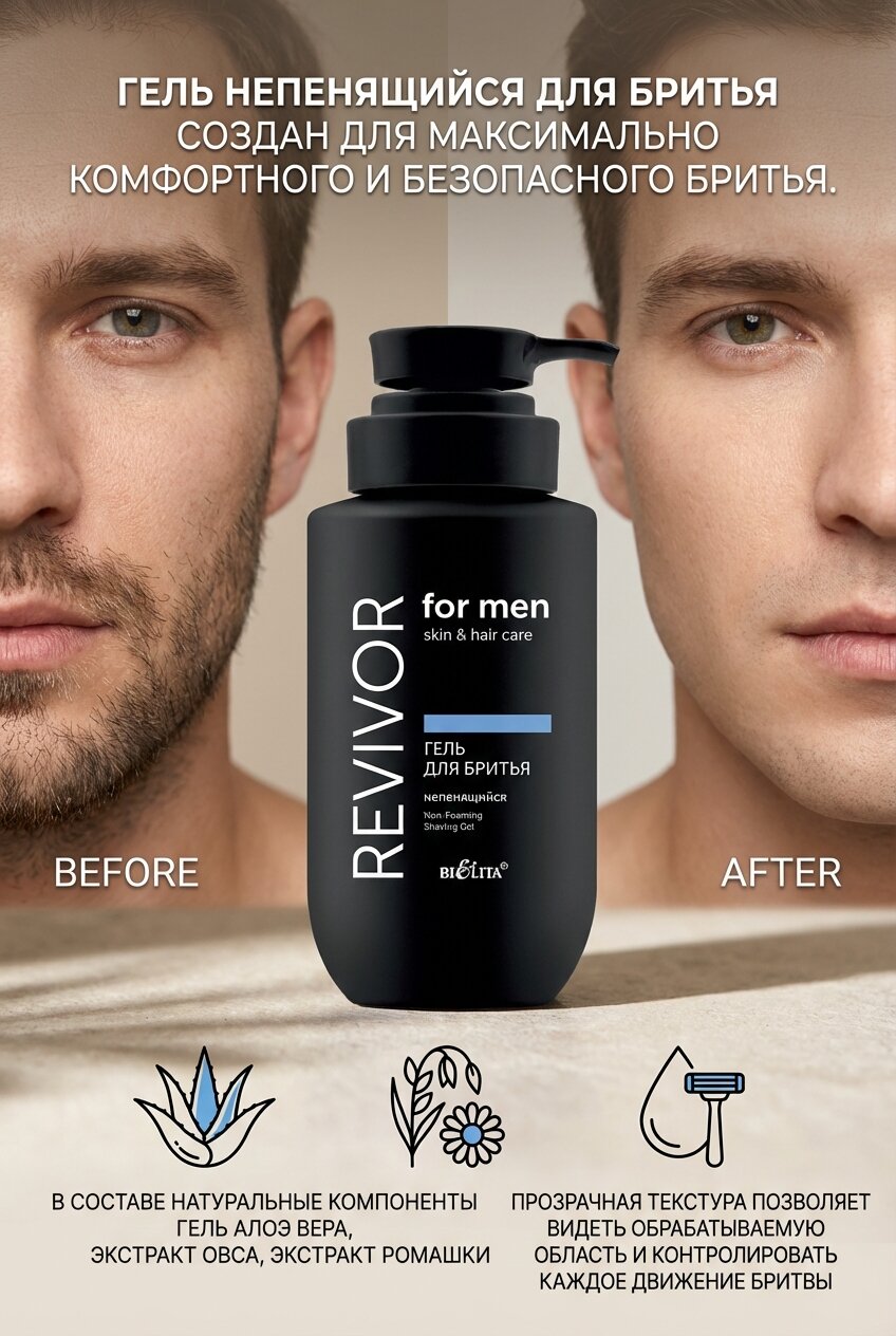 Гель для бритья непенящийся Revivor for Men.Skin & Hair Care Белита 240мл