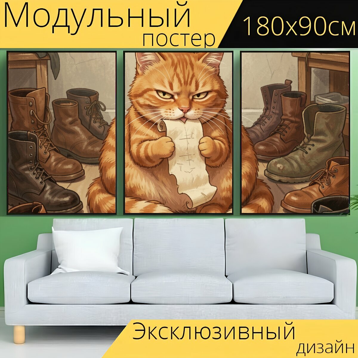 Модульный постер "Рыжий кот с пергаментом. Игривый антропоморфный рыжий кот с свитком в окружении старых ботинок и сапог. Теплая." 180 x 90 см. для интерьера на стену в тубусе