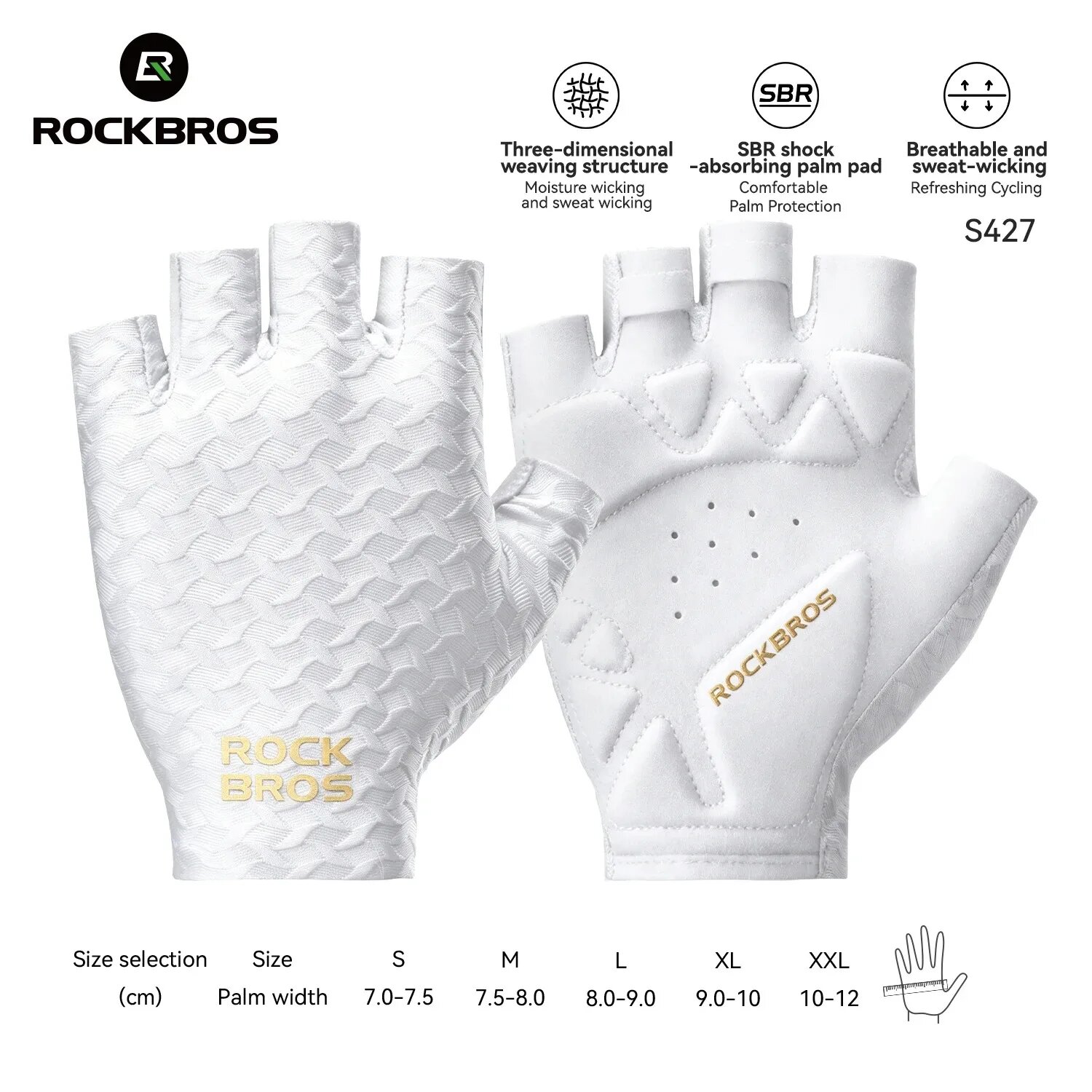 ROCKBROS Полупальцевые велоперчатки XXL, Белый, white