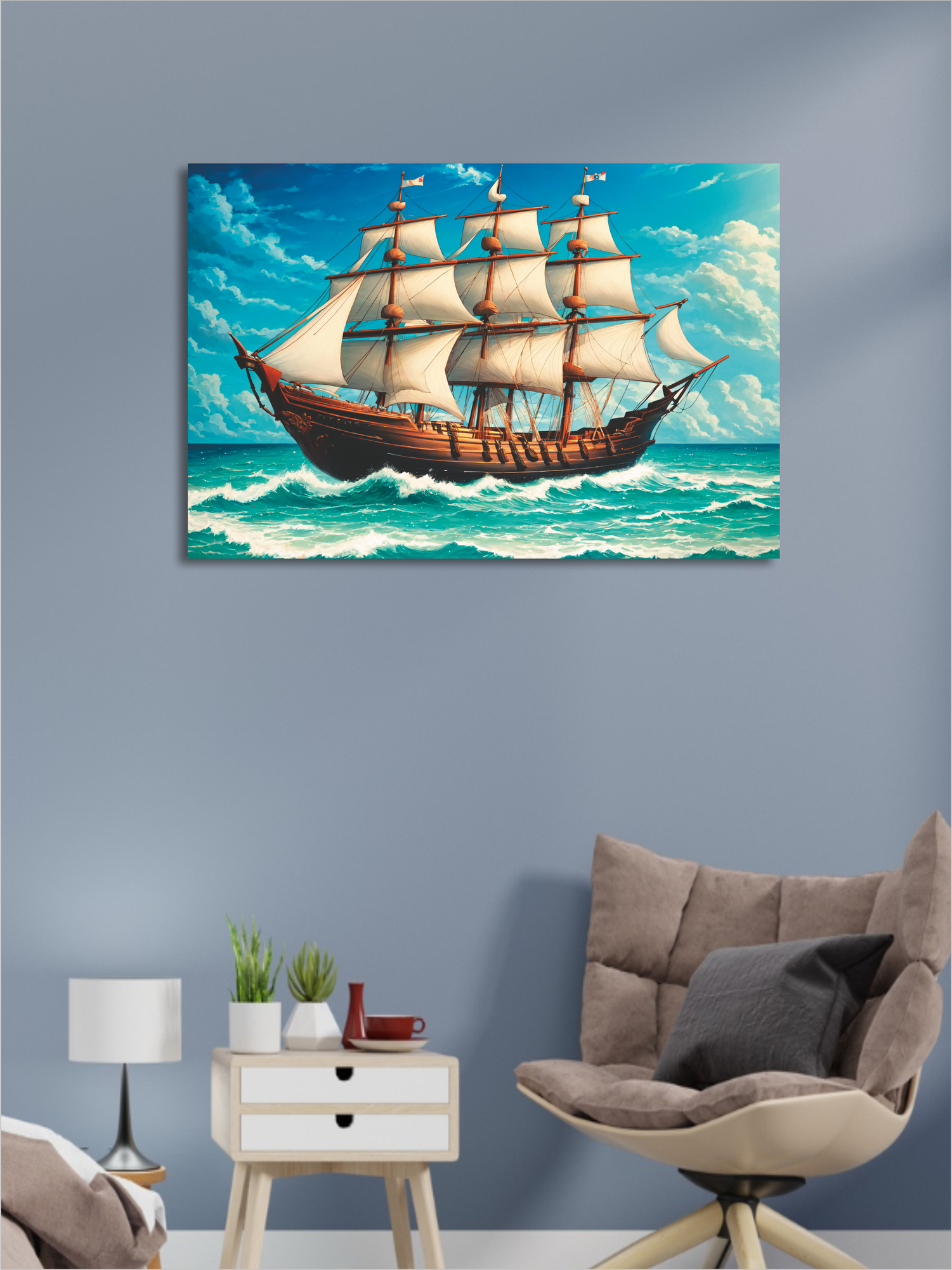 Картина для интерьера на стену горизонтальная, пейзаж Фрегат в море, Art IrbisPrint, 40х60 см, холст на подрамнике.