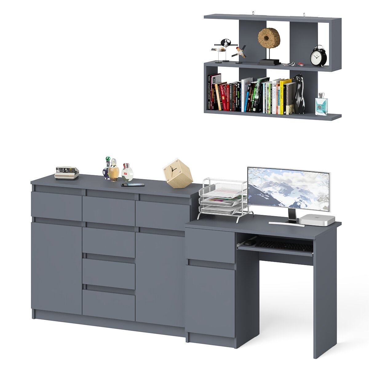 Навесная полка СВК Мори 900 со столом компьютерным левый и комодом цвет графит