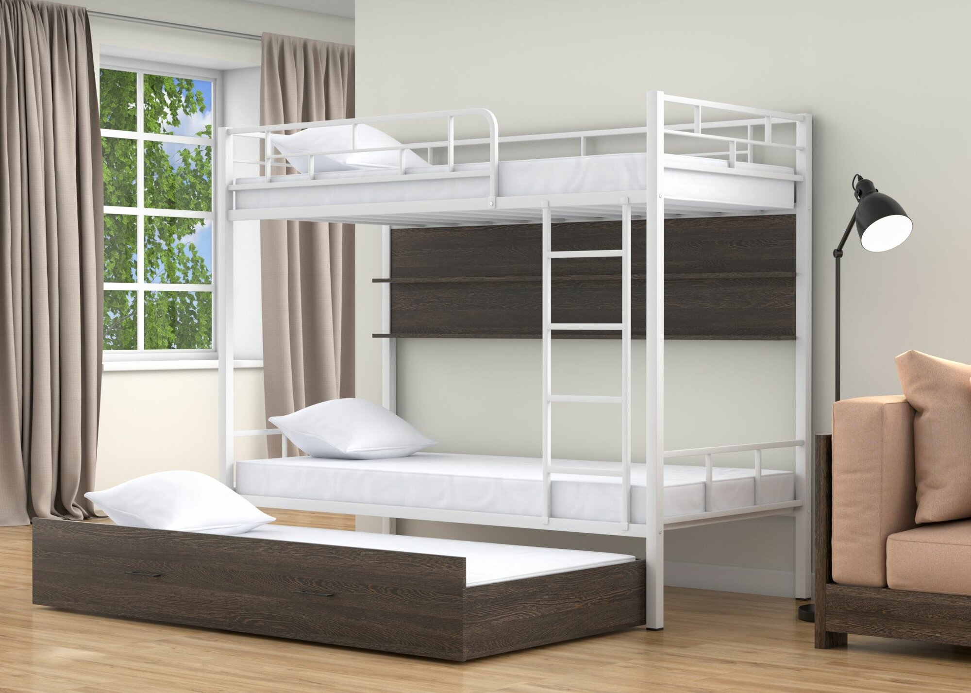 Трехъярусная кровать металлическая "Валенсия" выкатная с полкой Белый/Венге