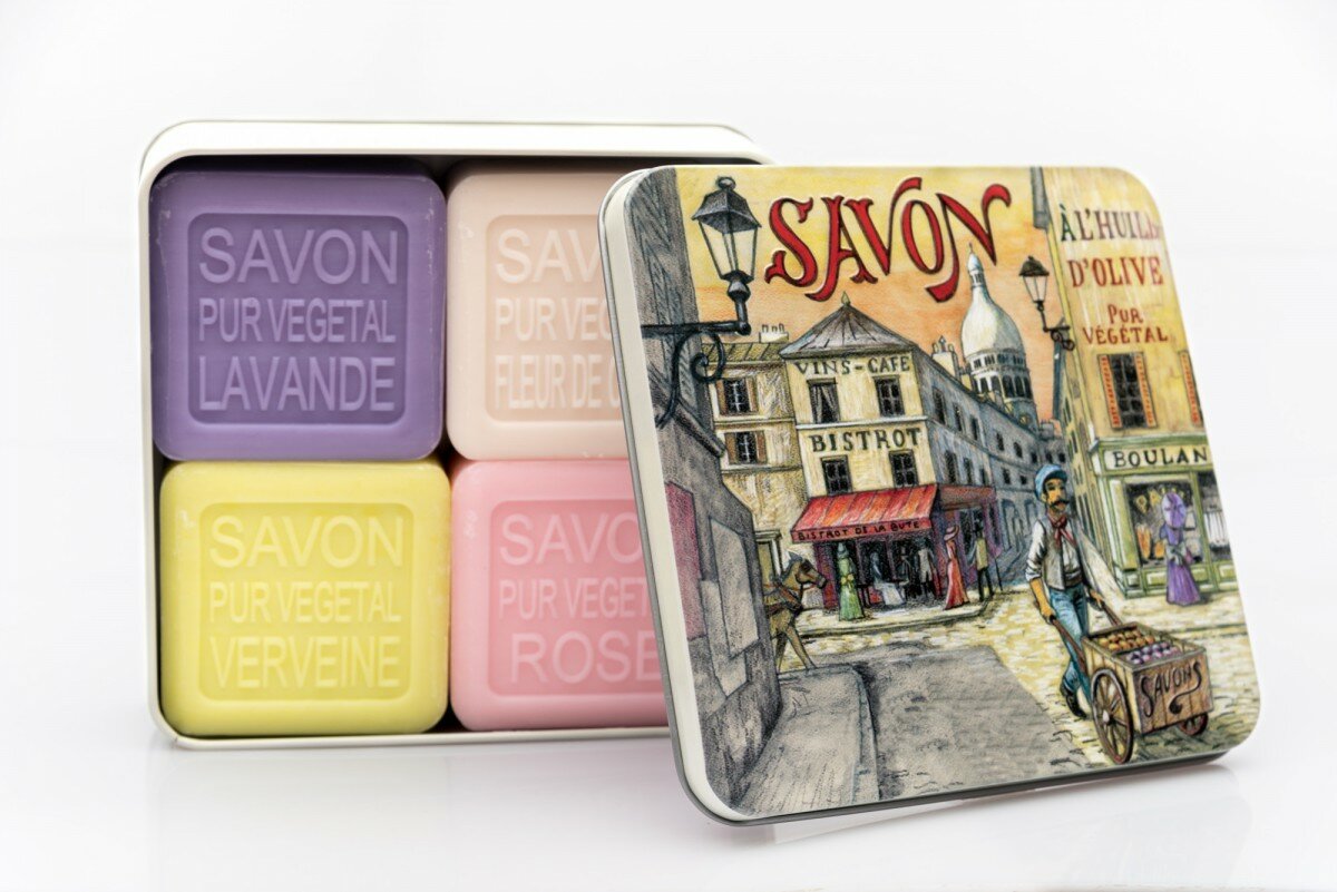 Набор твердого парфюмированного мыла, 4 штуки в металлической коробке Монмартр 400 гр. (La Savonnerie de Nyons, Франция)