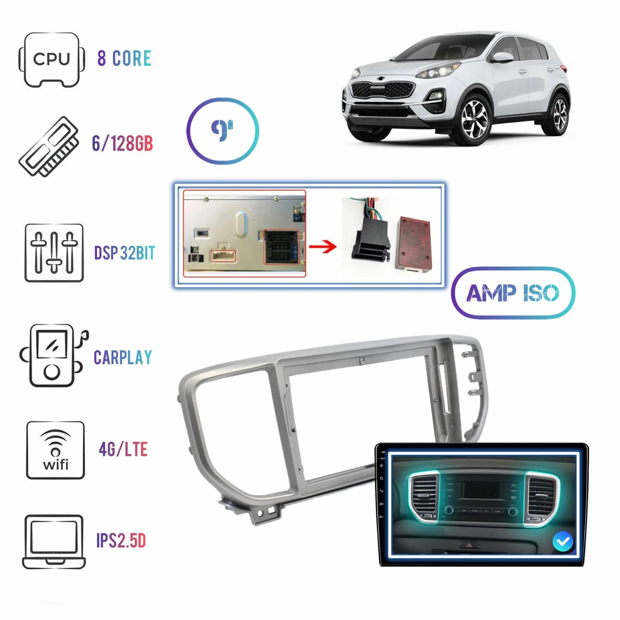 Магнитола для Kia Sportage 4 2018 - 2021 MFB (AMP ISO, NAVI) на Андроиде 6+128Gb+8ядер+DSP+CarPlay+4G SIM+IPS2.5D
