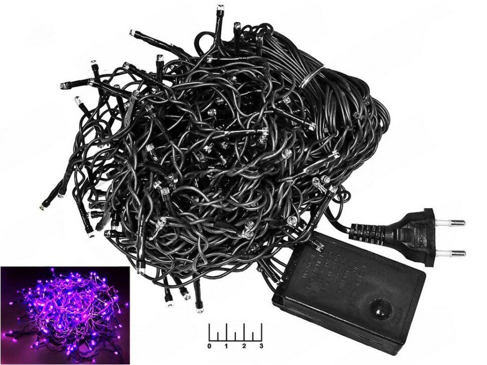 Гирлянда 180 светодиодов бахрома фиолетовая 0.6*4м с контроллером (черная нить) для улиц