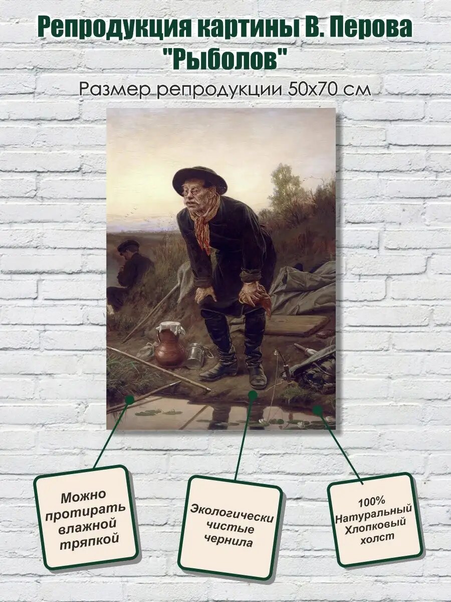 Репродукция картины В. Перова "Рыболов" 50х70 см. на подрамнике, на холсте