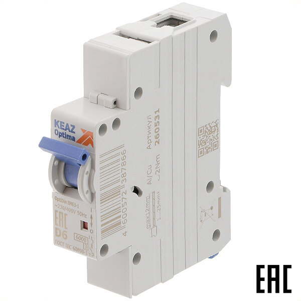 Автоматический выключатель на Din-рейку КЭАЗ OptiDin ВМ-63-1D6 6А/1п/ 6кА 260531