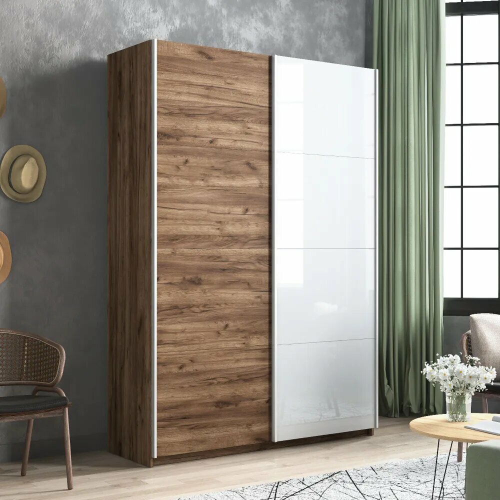 Шкаф-купе Прайм 2-x дв 120 x 230 x 57 ЛДСП Белое Стекло Крафт табачный с доводчиками