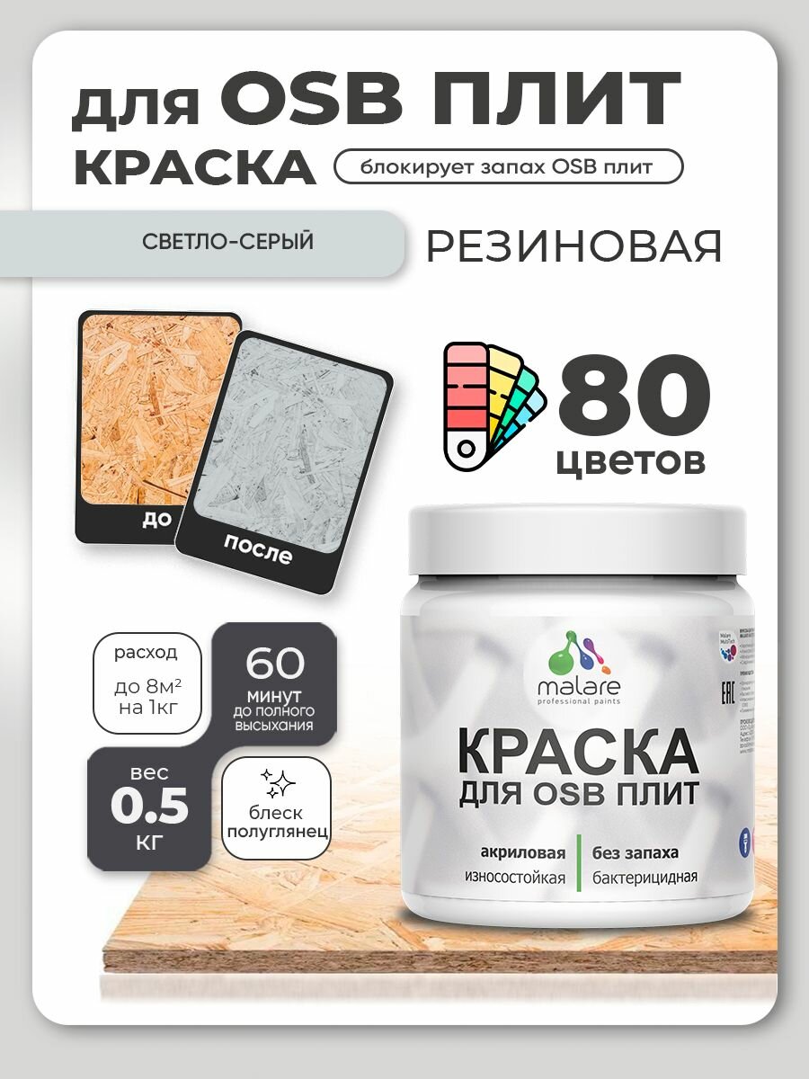 Резиновая краска для ОСБ плит Malare акриловая краска для дерева для наружных и внутренних работ, быстросохнущая без запаха полуглянцевая, светло-серый, 0.5 кг