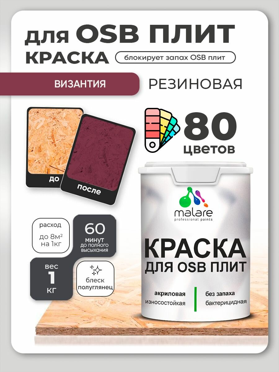 Резиновая краска для ОСБ плит Malare акриловая краска для дерева для наружных и внутренних работ, быстросохнущая без запаха полуглянцевая, византия, 1 кг