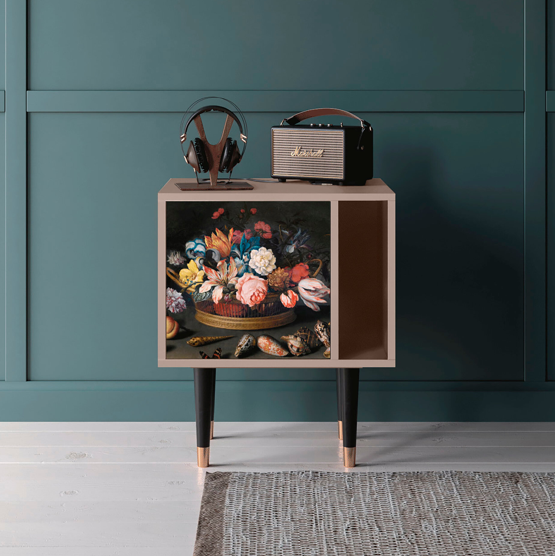 Прикроватная тумба - STORYZ - S2 Still Life with Flowers and Shells by Balthasar van der Ast , Размер - 58 x 69 x 48 см, Цвет - Бежевый