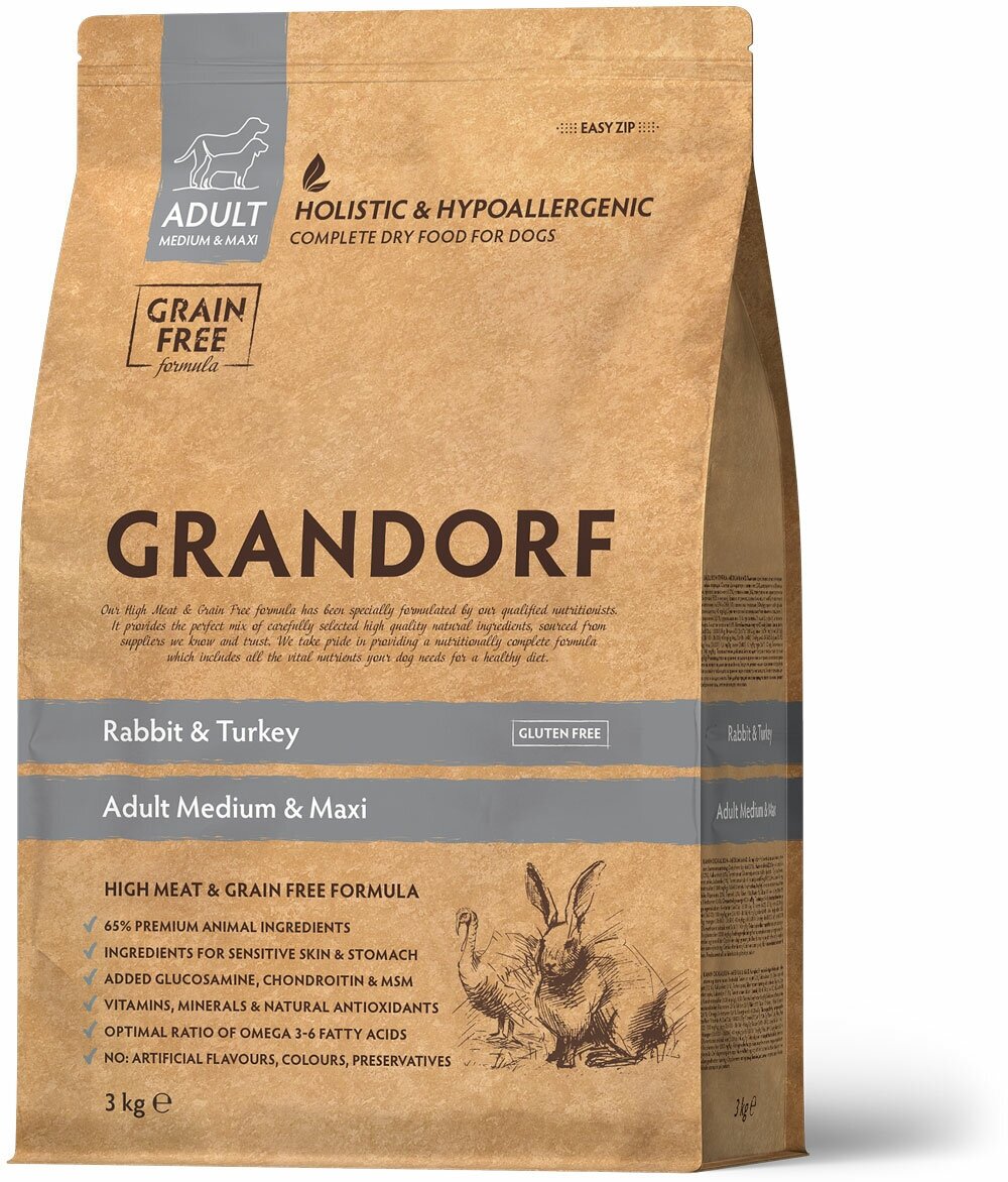 Сухой корм Grandorf для взрослых собак средних и крупных пород , кролик с индейкой 3кг