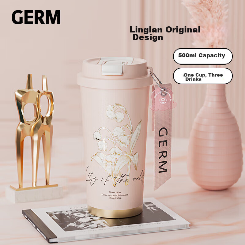 Germ Double-Insulated Water Bottle with Straw, Direct Drinking Portable Cup for Students, Goddess Gift Cup, 500ML, Misty Pink