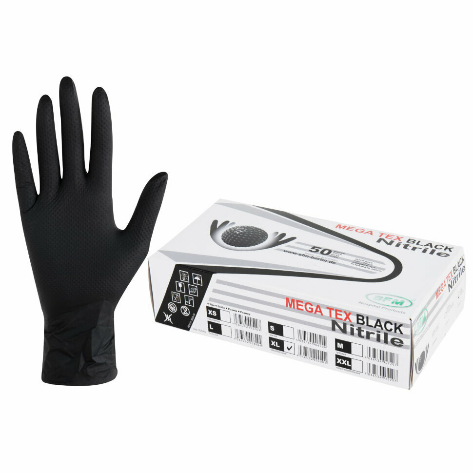 Перчатки нитриловые сверхпрочные с текстурой SFM MEGA TEX BLACK 25 пар (50 штук), XL (очень большой), 631403