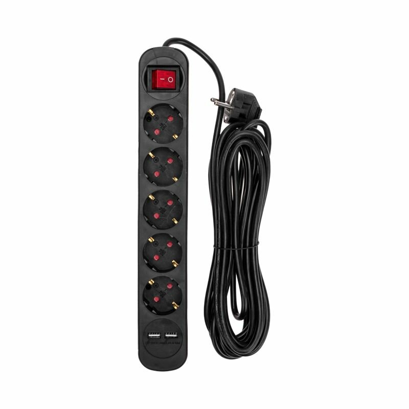 Удлинитель STANDARD 5 гнезд, 5м, 3х1,0мм, с/з, с выключателем, 2 USB, черный REXANT