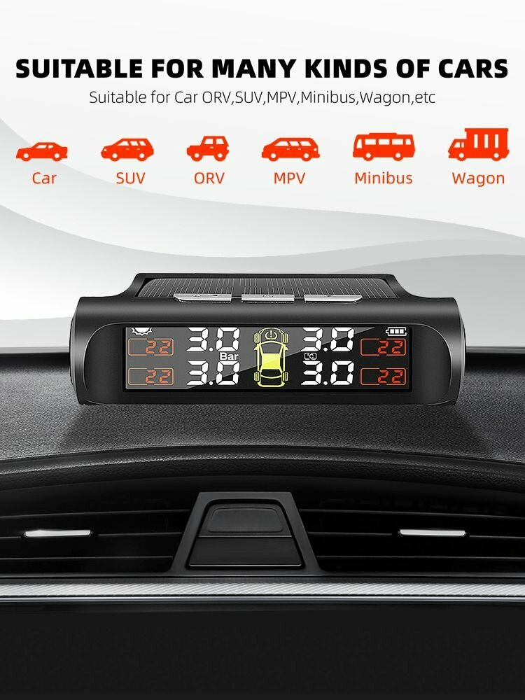 Беспроводная система контроля давления в шинах TPMS с солнечной зарядкой, ЖК-дисплеем и 4 внешними датчиками, сигнализация о давлении и температуре для безопасности вождения