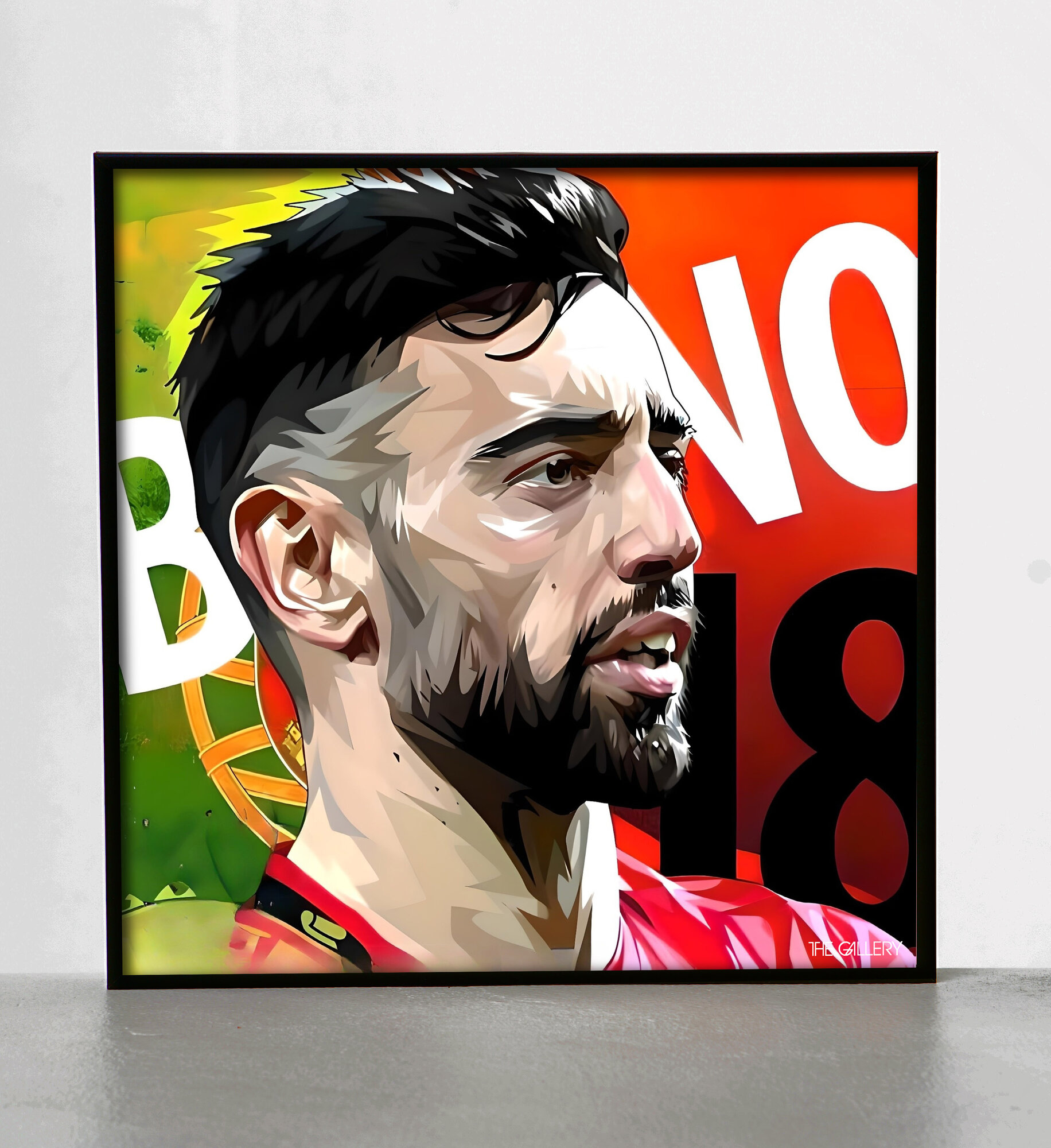 Картина постер в рамке Бруну Фернандеш / 25см х 25см / Манчестер Юнайтед в стиле поп-арт