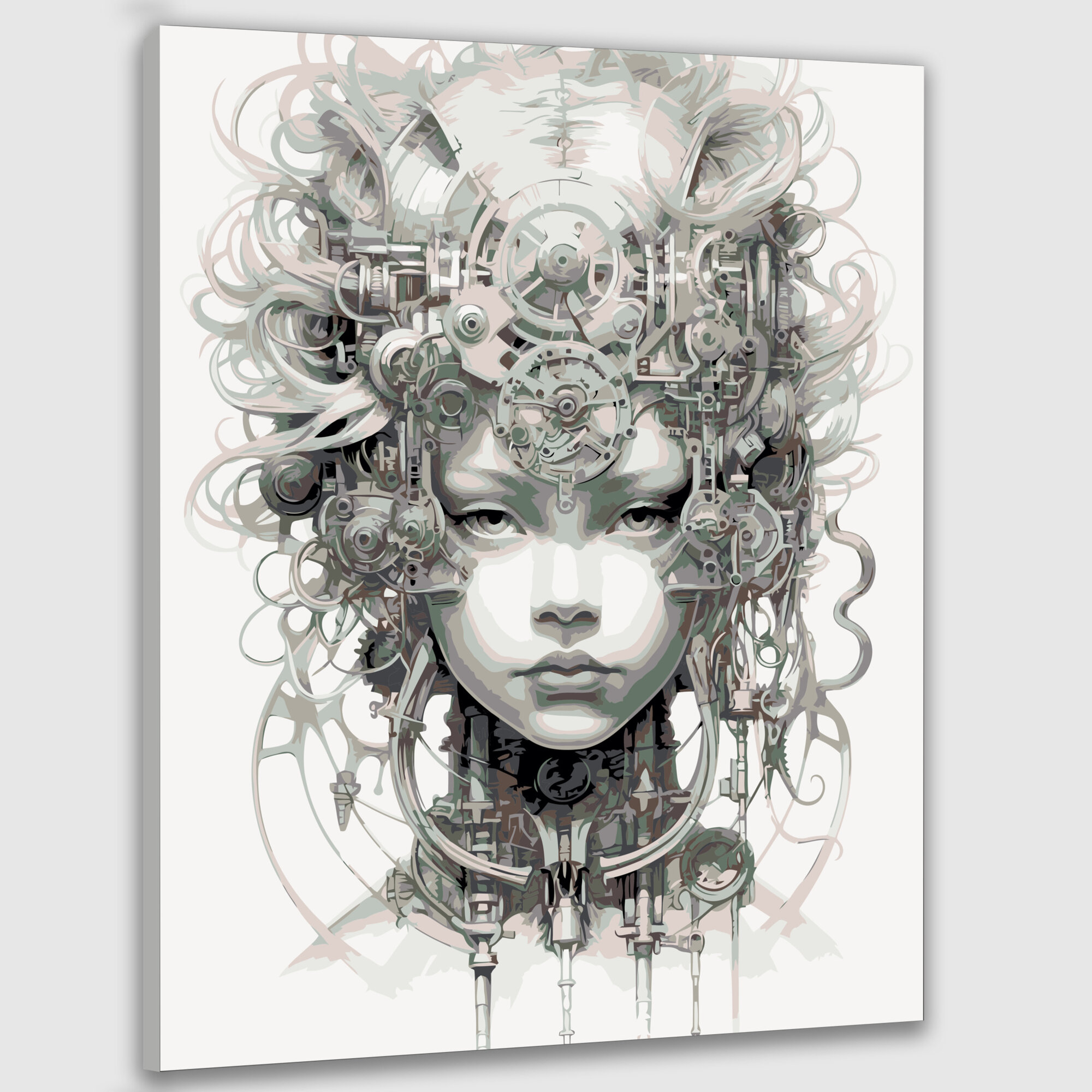 Картина по номерам 40x50 см, карандашный набросок, стимпанк-кукла, механические конечности, фарфоровое лицо