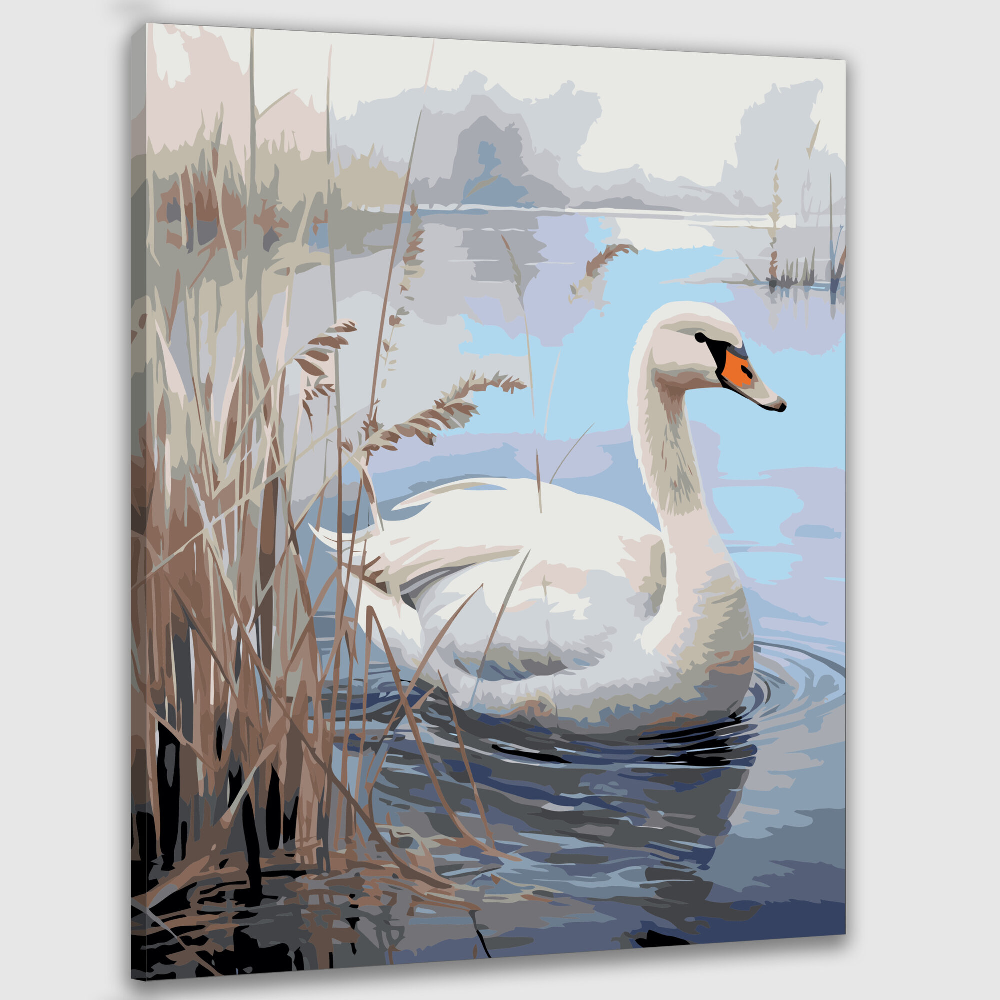 Картина по номерам 40x50 см, акварельная картина, гусь, природа, гусиные перья, покрытое озеро, голубые тон, камыши