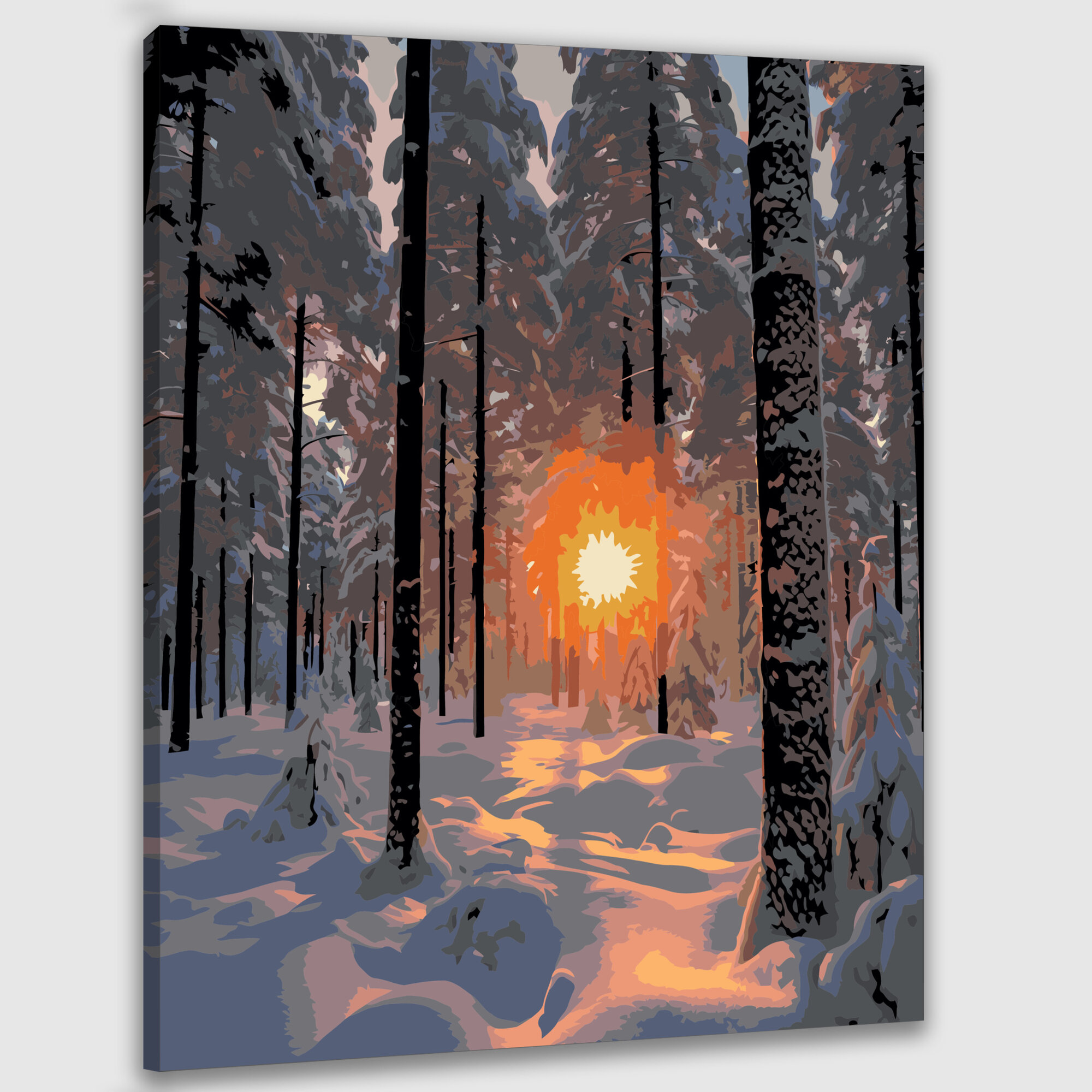 Картина по номерам 40x50 см, заснеженный лес, сумерки, лучи солнца, вечнозеленые деревья, нежные снежинки, чудо