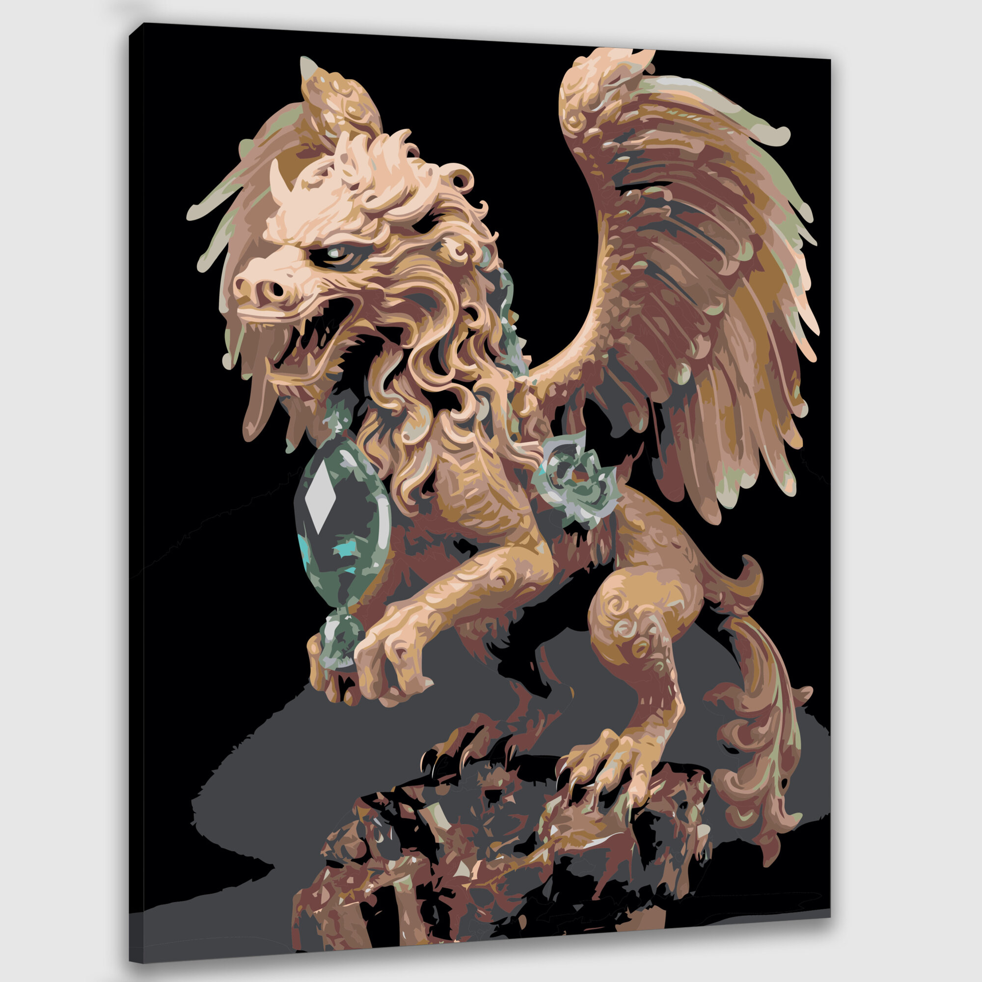 Картина по номерам 40x50 см, скульптура, драгоценный камень, мифическое существо, крылья, пьедестал, гравюры, красота