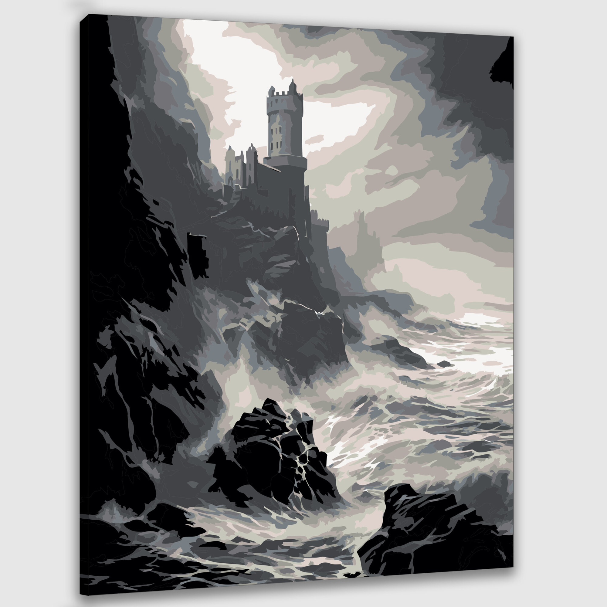 Картина по номерам 40x50 см, черно-белая фотография, древний замок, скалистый утес, неспокойное море, тени